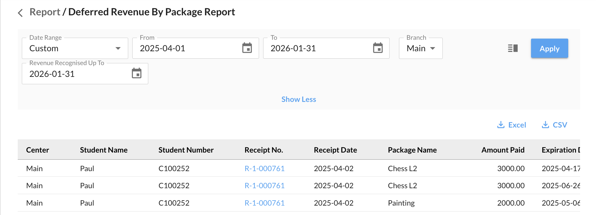 Deferred revenue by package report – SchoolTracs Help Center
